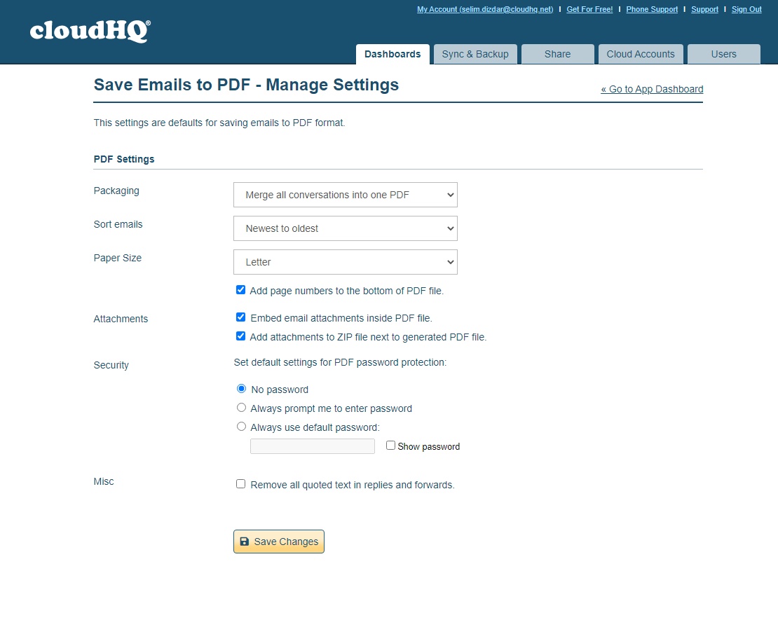 How to configure default Save Emails to PDF options such as password protection, paper size ...